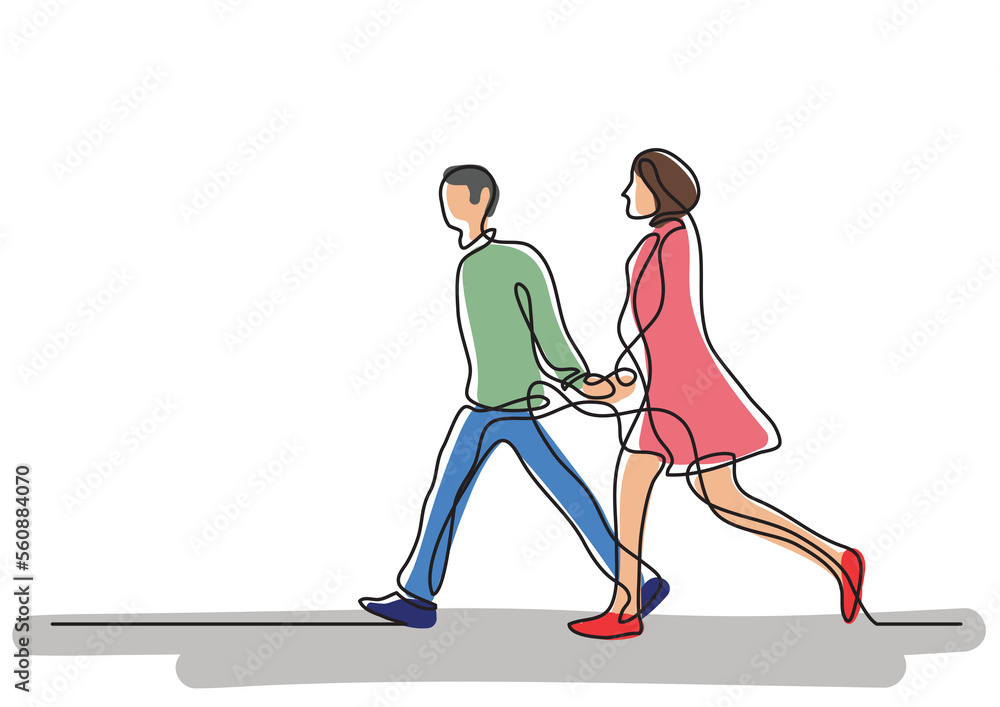continuous line drawing walking couple colored - PNG image with ...