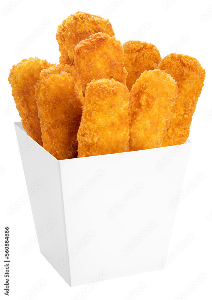 Fried Fish sticks in paper bucket on white, Fried fish fingers on White ...