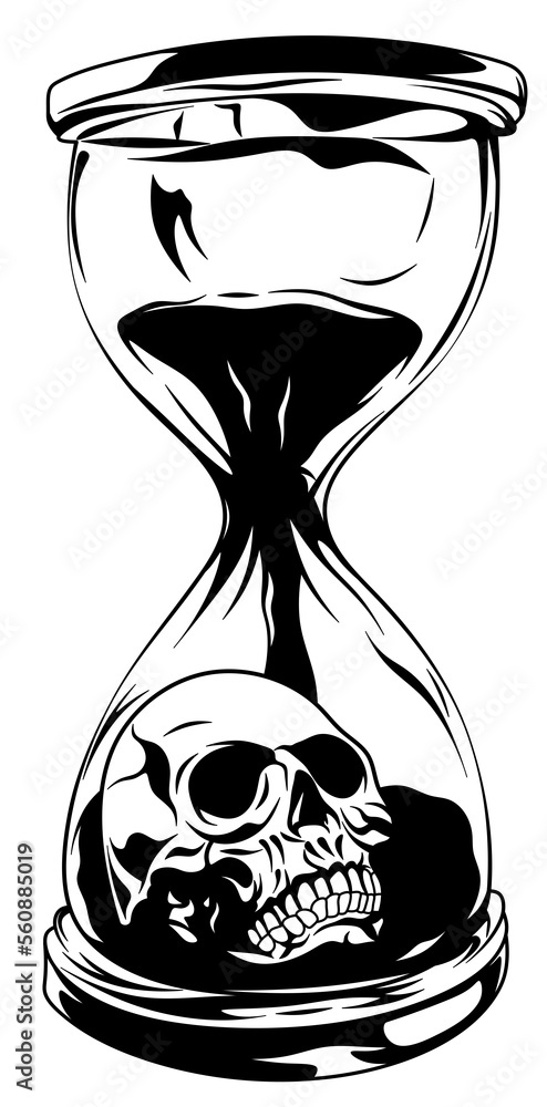 Hourglass with a skull. Symbol of the flow of human life. The painted ...