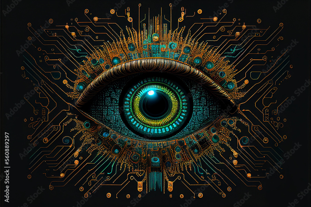 Human eye close up with a microchip and a computer implant.Ai ...