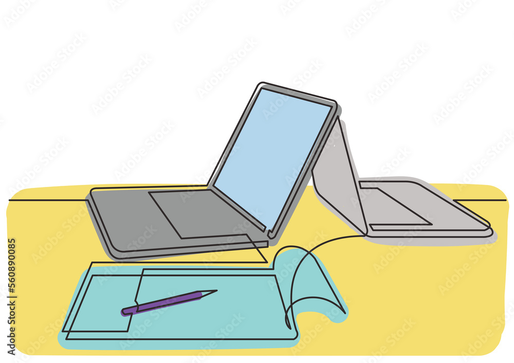 continuous line drawing two laptop computers notepad 3 colored - PNG ...