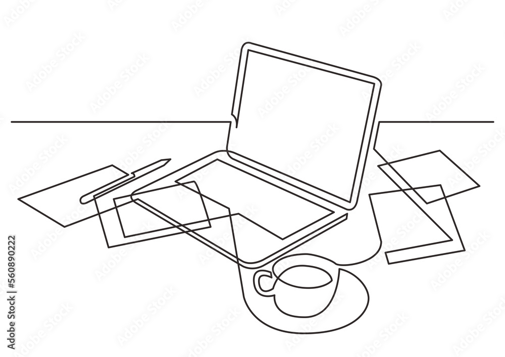 continuous line drawing work laptop computer papers cup of tea - PNG ...