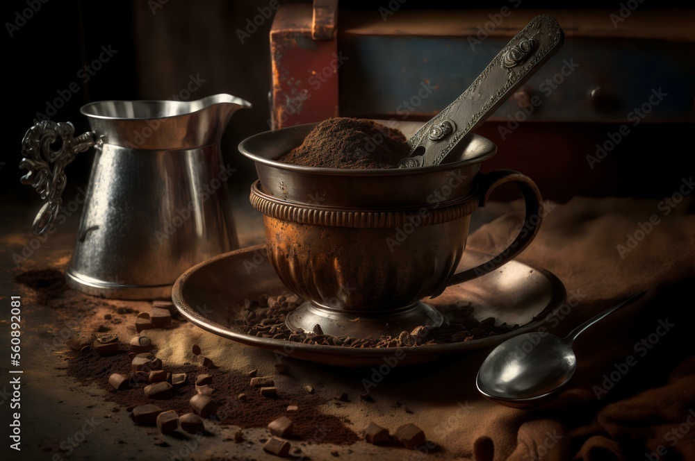 diagonal composition of a cup of coffee with a coffee bag and scoop on ...