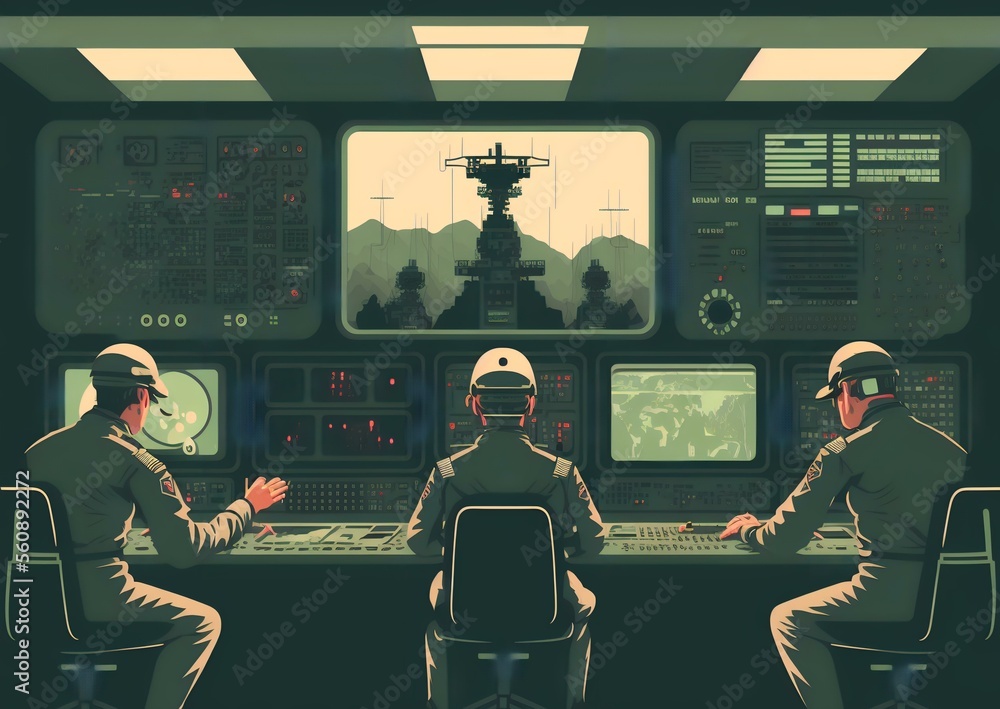 military control room, with operators in shock and disbelief, showing ...