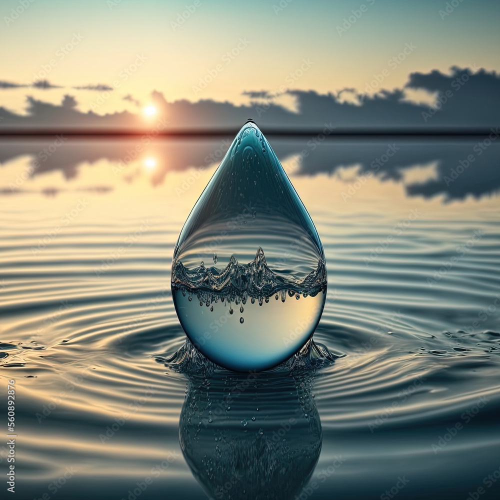 World water day. Realistic drop of water falling on blue sea background ...