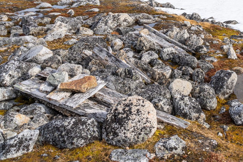 Ancient coffin at gravesite in Svalbard, Norway on the Arctic Sea. Over ...