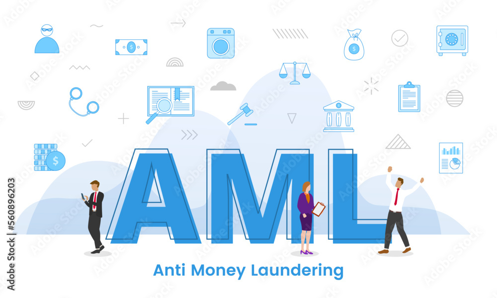 aml anti money laundering concept with big words and people surrounded ...