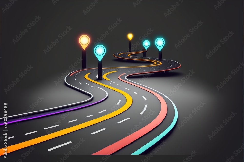 Roadmap design, neon glowing, forward movement, dark environment ...