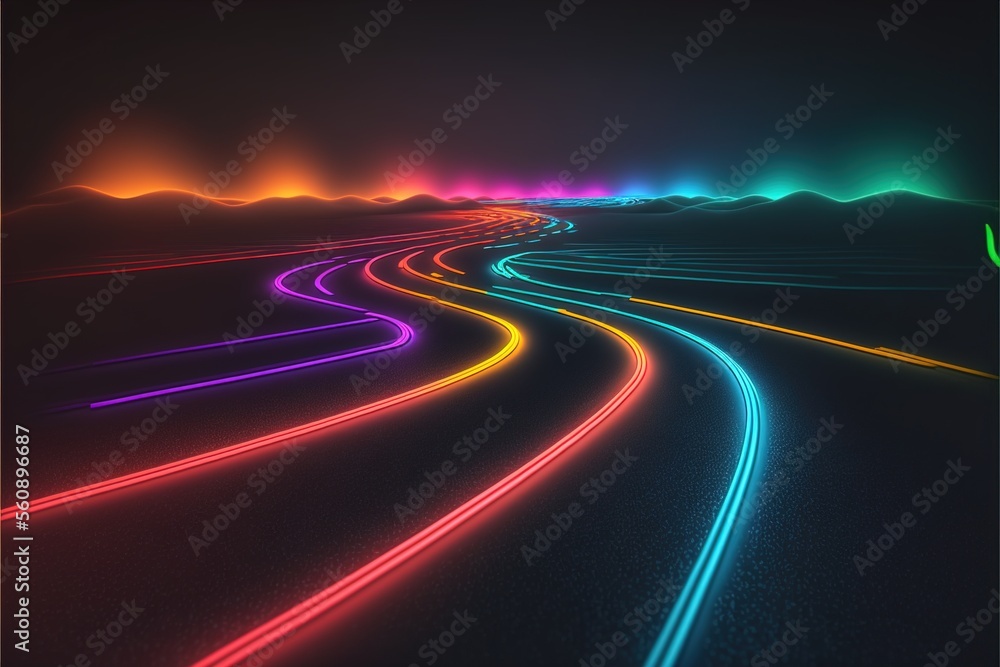 Roadmap design, neon glowing, forward movement, dark environment ...