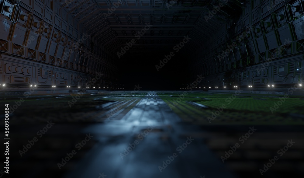 Metal corridor grating sci-fi interior in dark scene 3D rendering ...