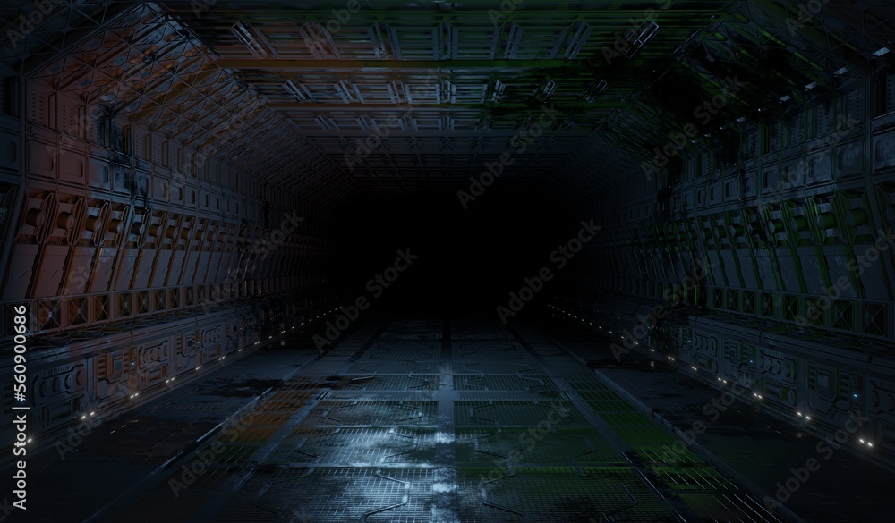 Control room and metal corridor grating underground in dark scene 3D ...