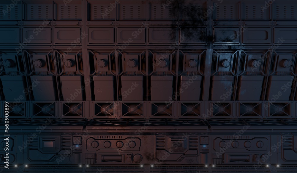 Metal wall panel in control room basement in dark scene 3D rendering ...