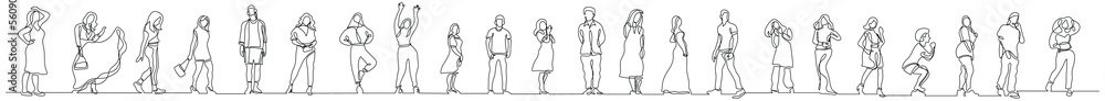 continuous line drawing of group of various happy diverse people ...