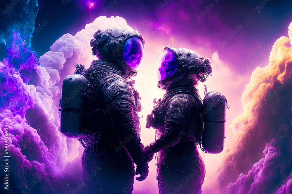 Space lovers, man and a woman in white space suits and large glass ...