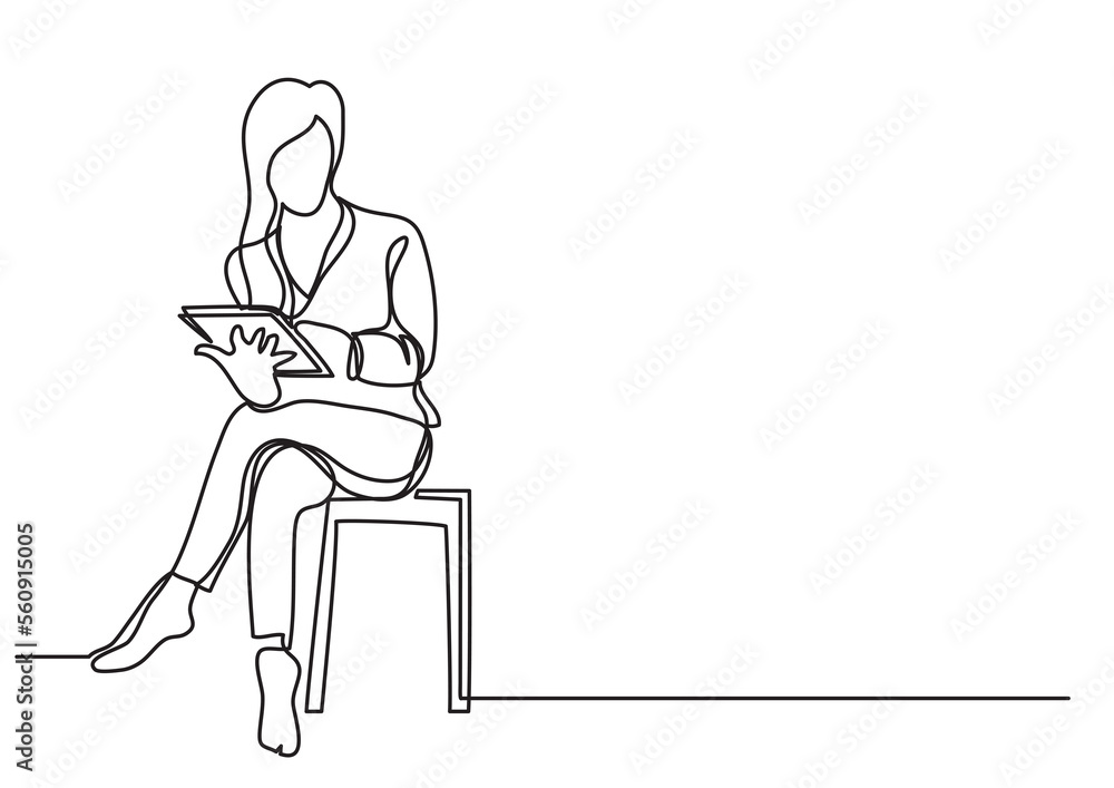 continuous line drawing sitting woman reading magazine - PNG image with ...