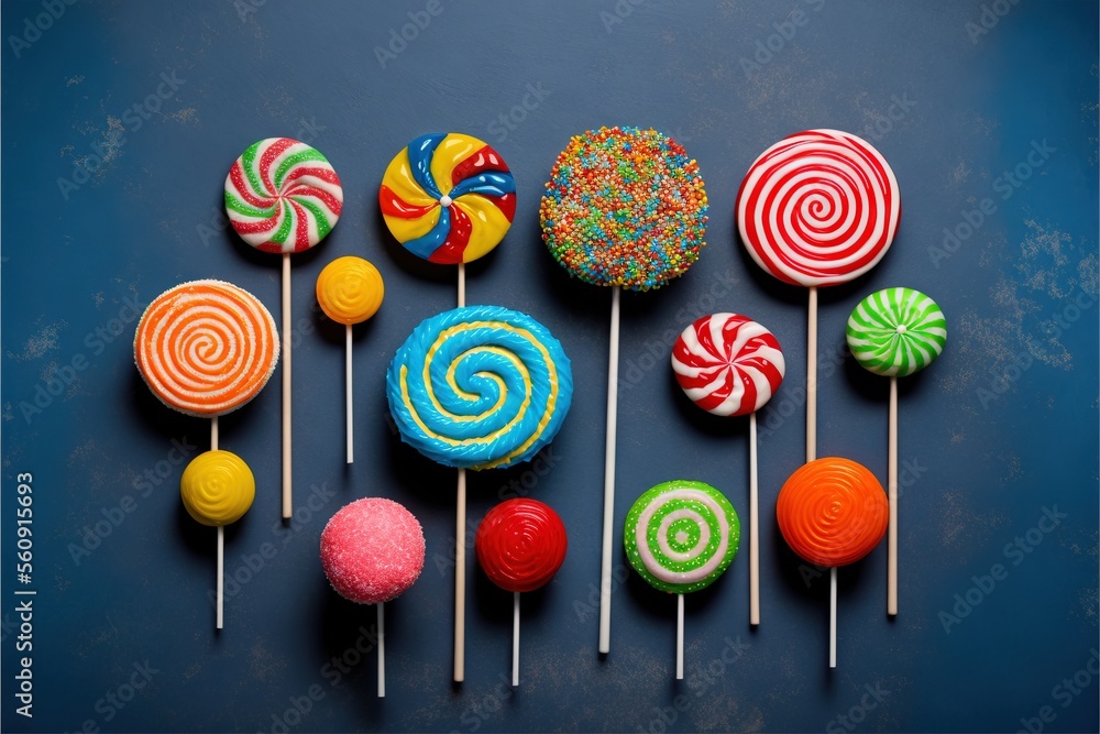 a group of lollipops on a blue surface with a blue background and a ...