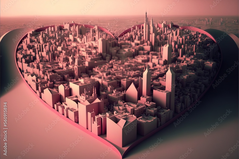 a heart shaped city with buildings and a pink sky background in the ...