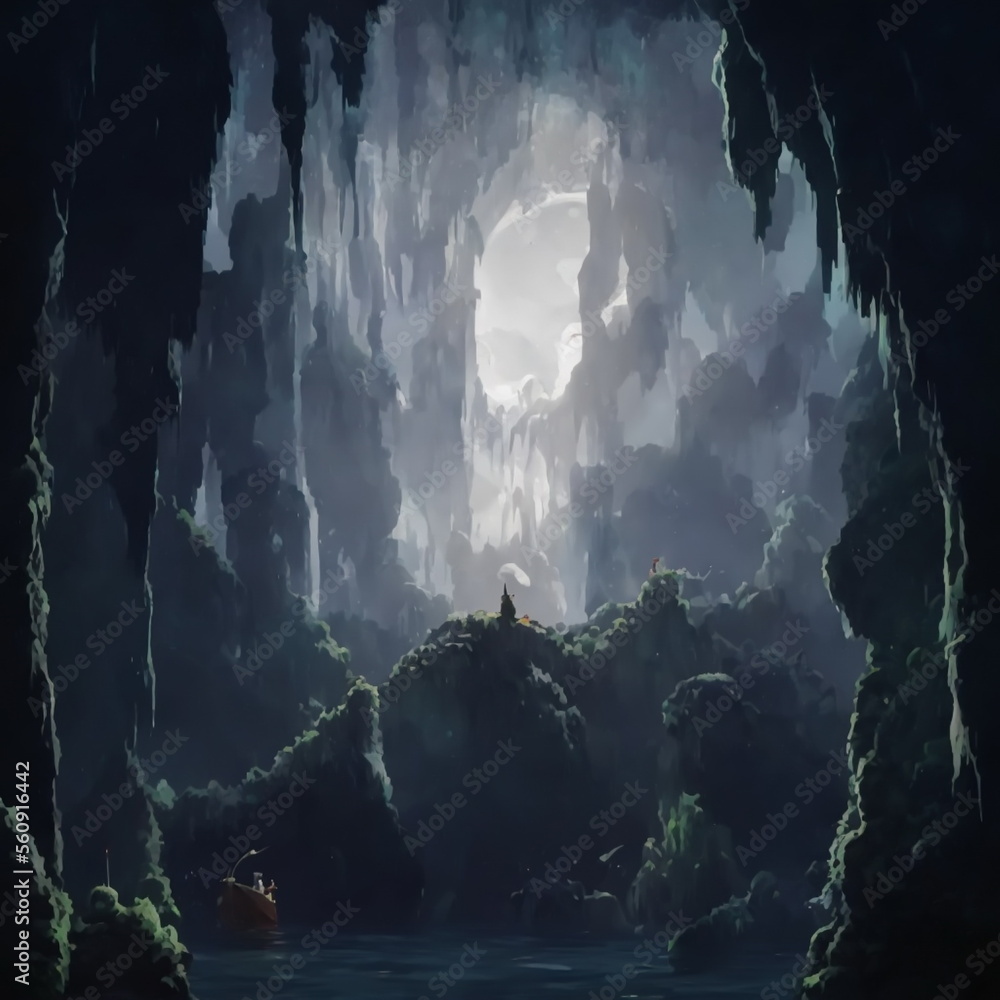 Dark mysterious sea cave and small sailing boat with moonlight at the ...