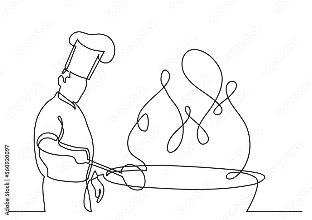 continuous line drawing chef cooking big meal - PNG image with ...