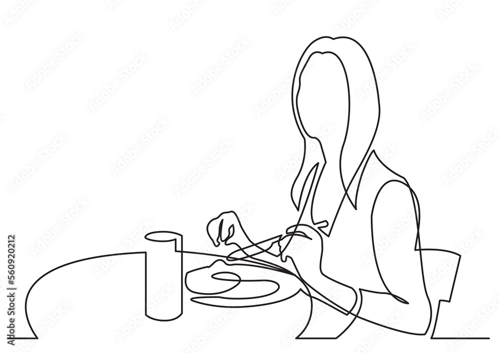 continuous line drawing woman eating behind table - PNG image with ...