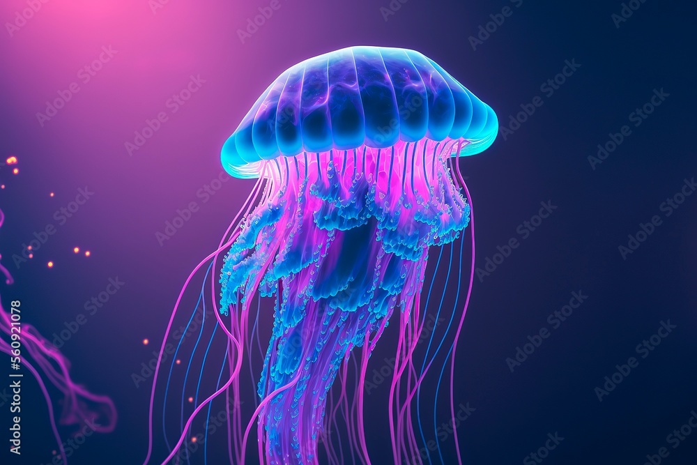 glowing jellyfish chrysaora pacifica underwater. Blue neon glow light ...