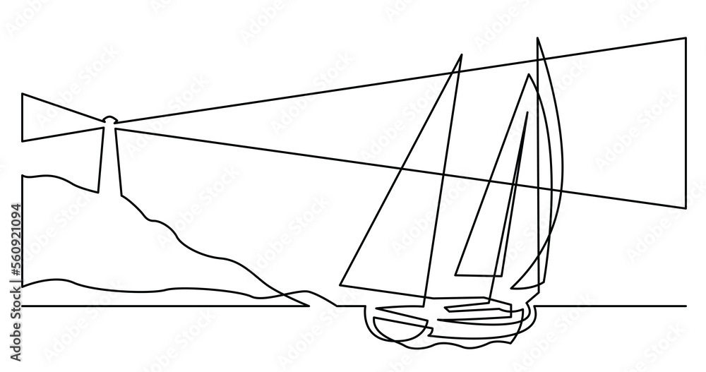 continuous line drawing of yacht sailing near coast with lighthouse ...