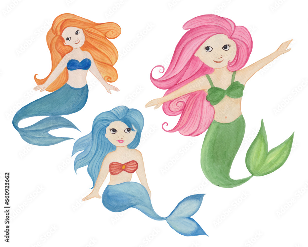 Watercolor Mermaid Clipart Set, Mermaid Watercolor Clipart Set Stock ...