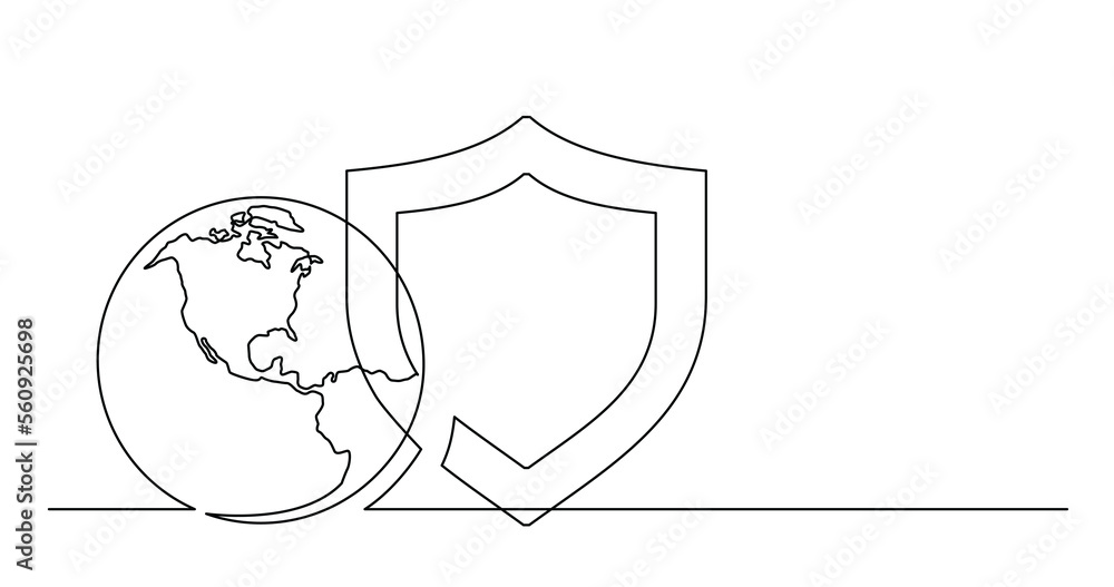 continuous line drawing of world planet with protection security shield ...