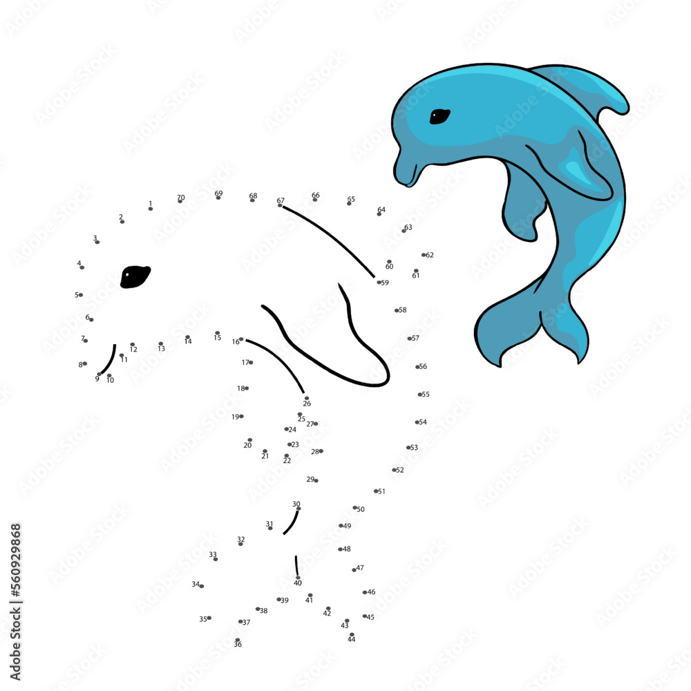 Coloring book for kids, dolphin vector. Color cute dolphin by numbers ...