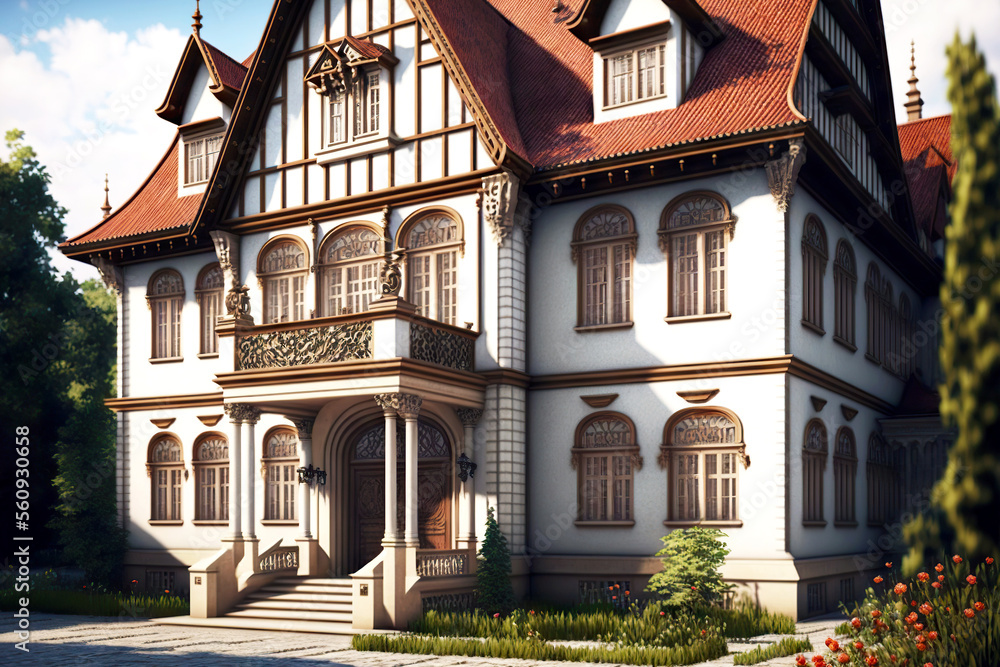 old mansion in classic style house exterior with brown tiled roof and ...
