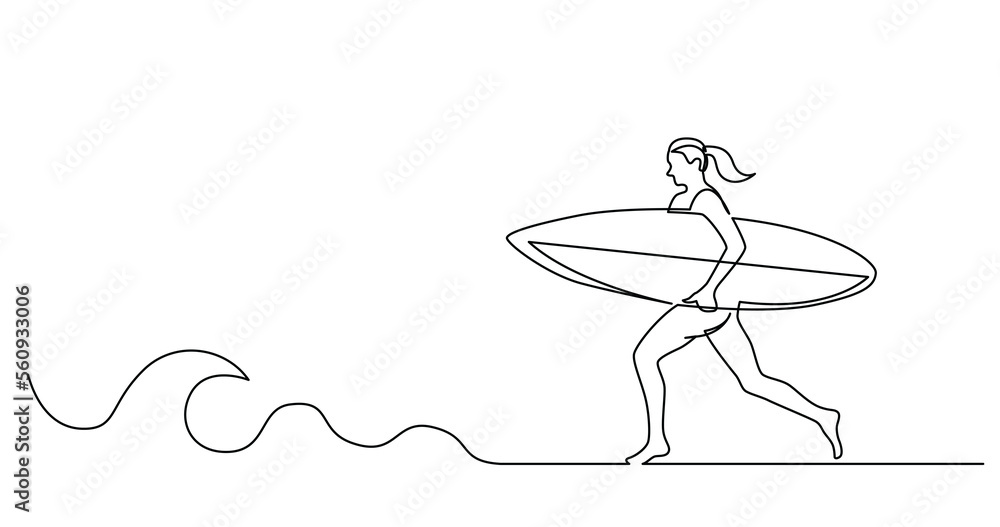 continuous line drawing of surfer woman running on beach with surf ...