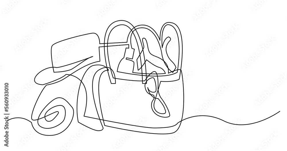 continuous line drawing of vacation items in bag on beach - PNG image ...