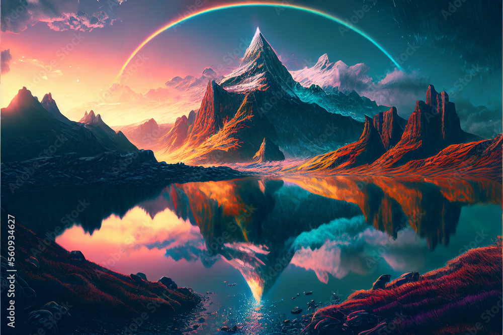 Amazing landscapes view of mountain with rainbow on sunrise. 2D ...