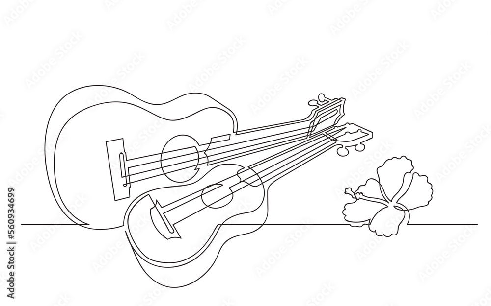 continuous line drawing two hawaiian ukuleles with flower - PNG image ...