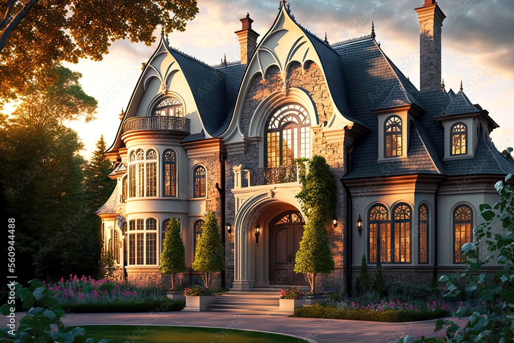 family mansion residence with park and arched windows english style ...