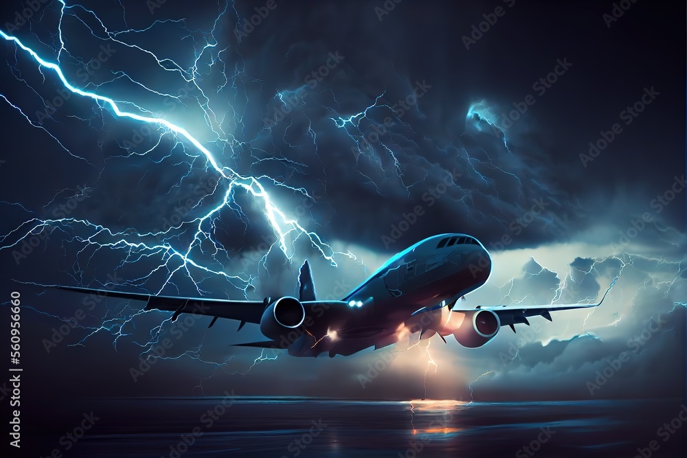 Airplane flies under heavy thunder clouds and lightning AI Stock ...