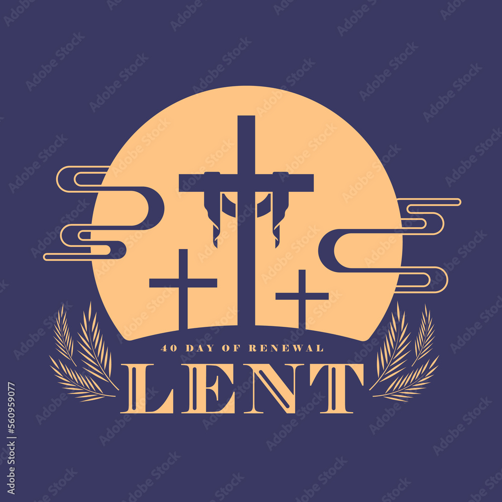 Lent, 40 day of renewal - Gold cross crucifix sign in circle with cloud ...