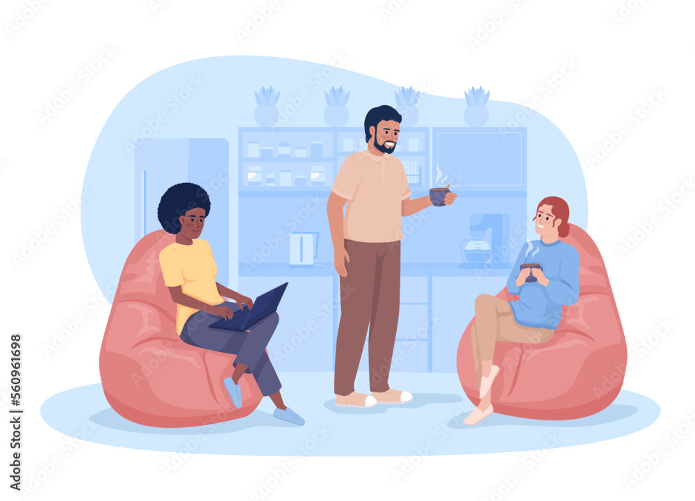 Employee break room 2D vector isolated illustration. Colleagues ...