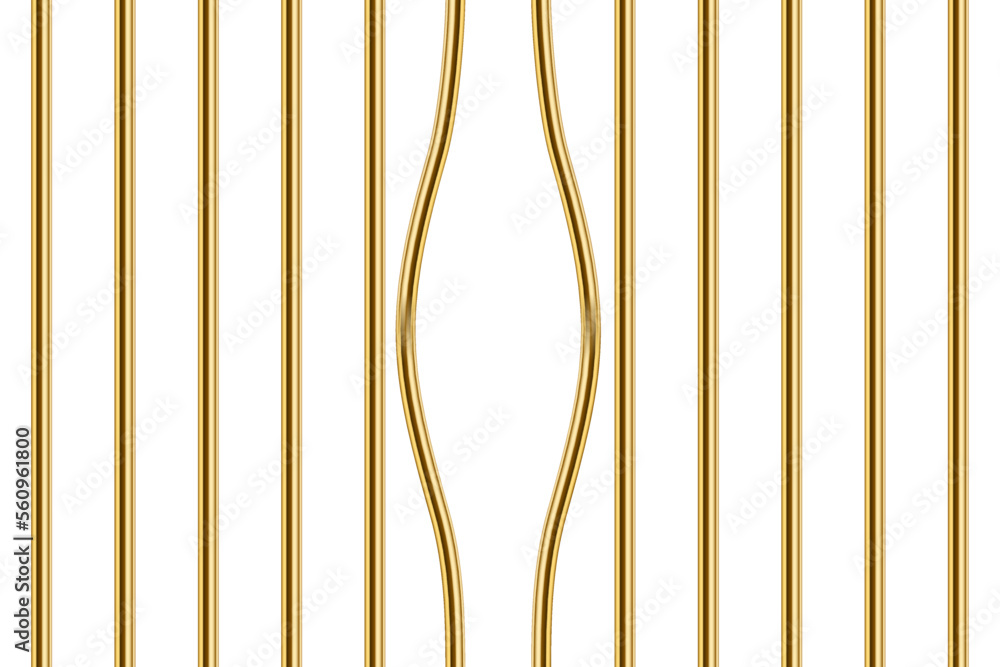 3D realistic broken golden cage with bent sticks to suspects crime ...