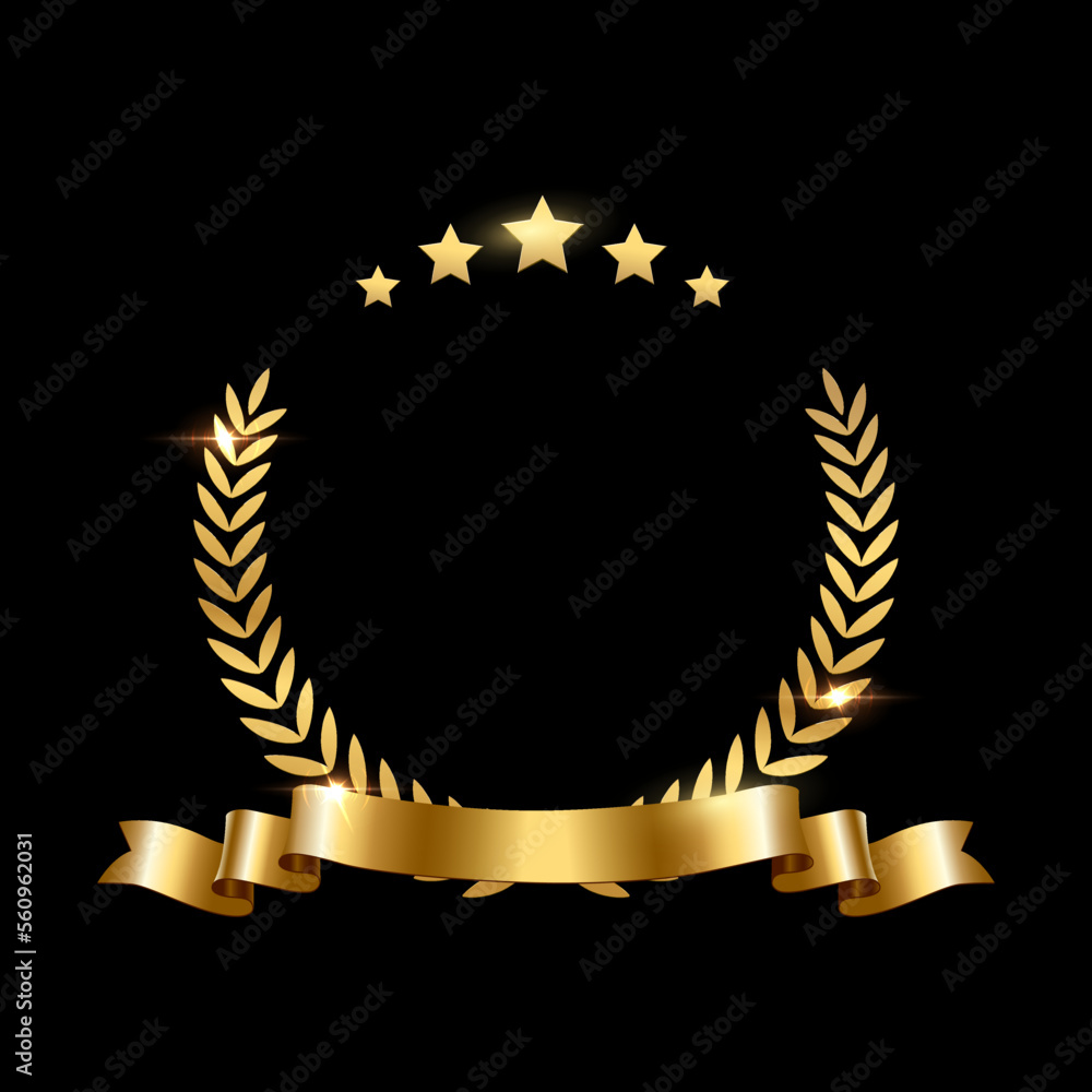 Realistic gold laurel wreath with golden ribbon and three stars. Premium insignia, traditional ...