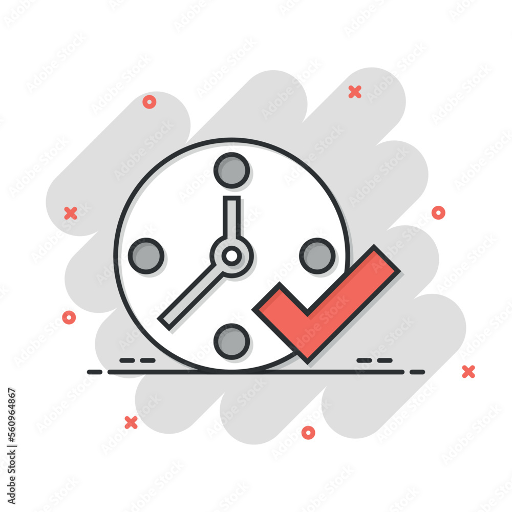 Clock check mark icon in comic style. Timer approval cartoon vector ...