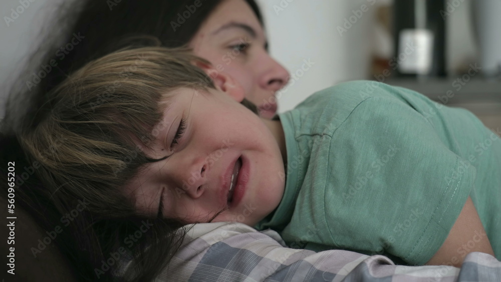 Tearful crying child. Mother consoling sad little boy. Kid in crisis ...