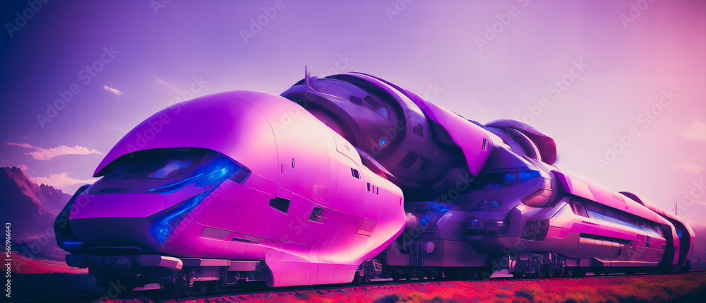 A futuristic train is depicted in this abstract painting, with lines ...