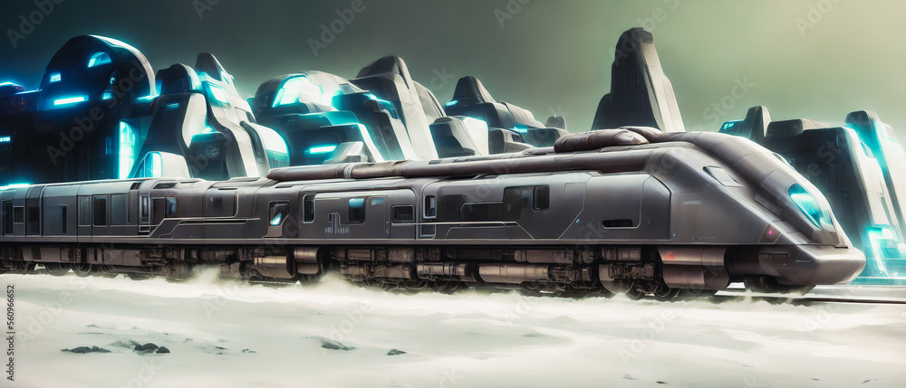 A futuristic train is depicted in this abstract painting, with lines ...