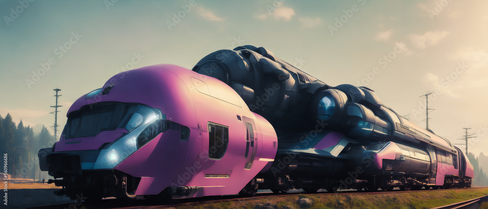 A futuristic train is depicted in this abstract painting, with lines ...