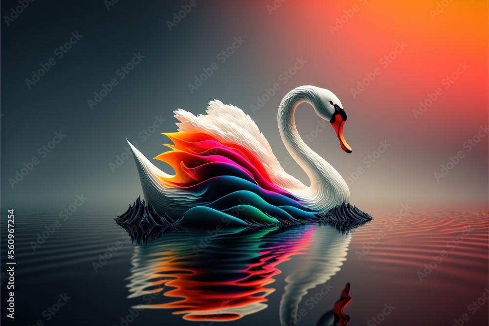 A beautiful multicolored swan on a lake, gracious rainbowicoloured ...