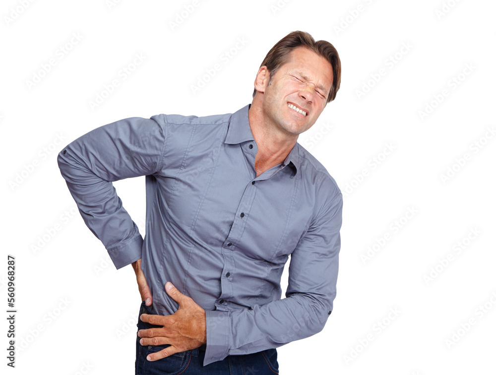Back pain problem, studio and business man with emergency crisis ...