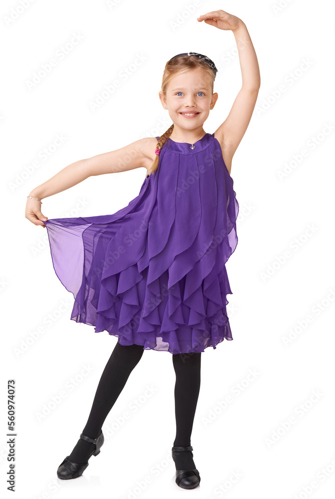 Ballroom dance, smile and portrait of little girl dancing, kindergarten ...