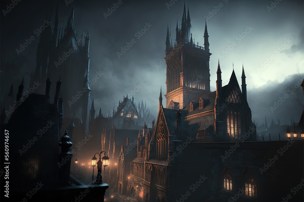 Dark medieval city. 17th century architecture with a large ominous ...