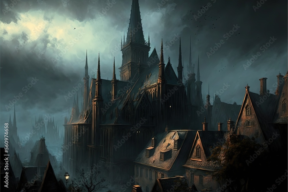 Dark medieval city. 17th century architecture with a large ominous ...